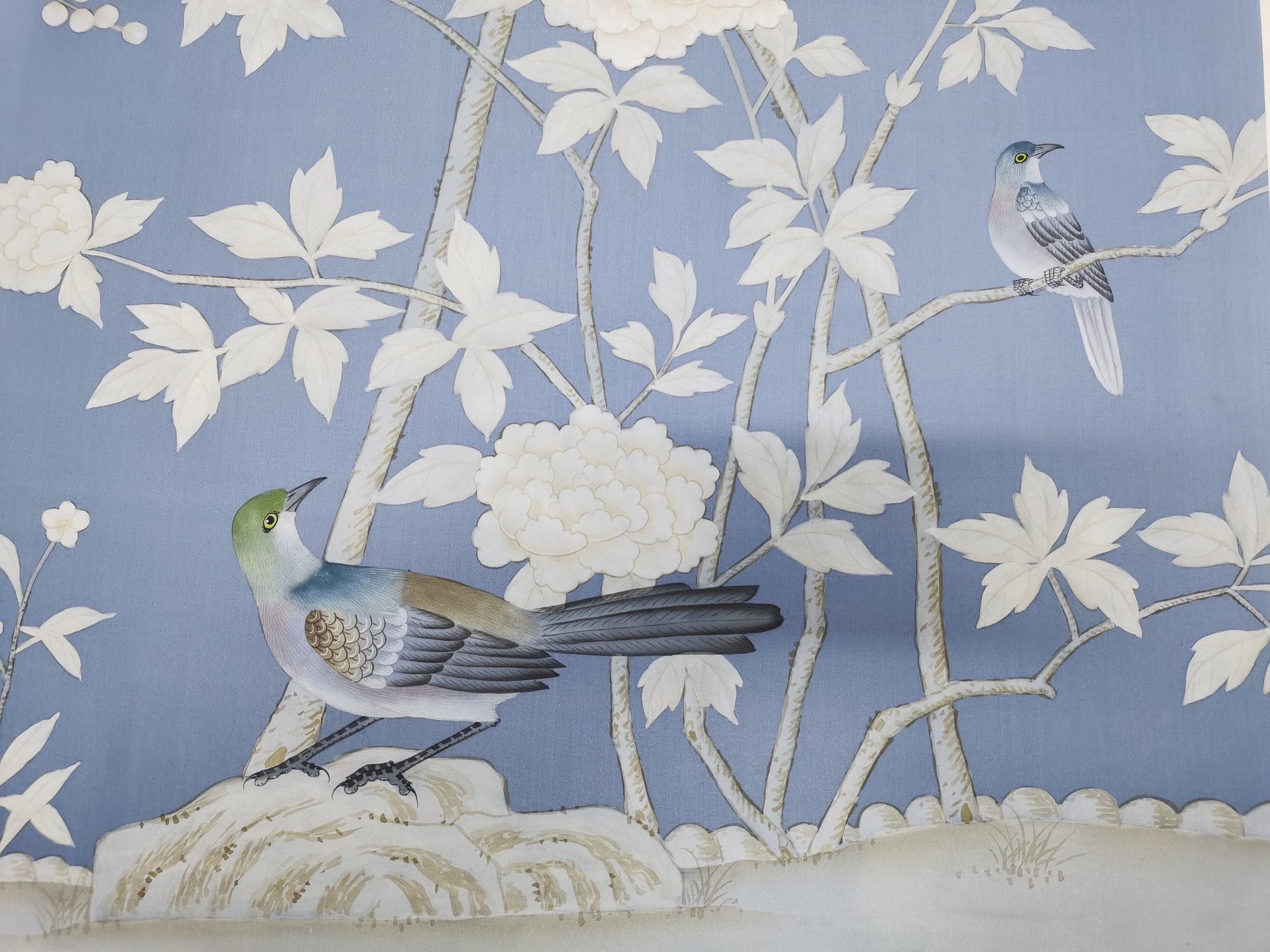 24" X 52" Chinoiserie Handpainted Artwork on Sky Blue Spun Silk SP-22 ...