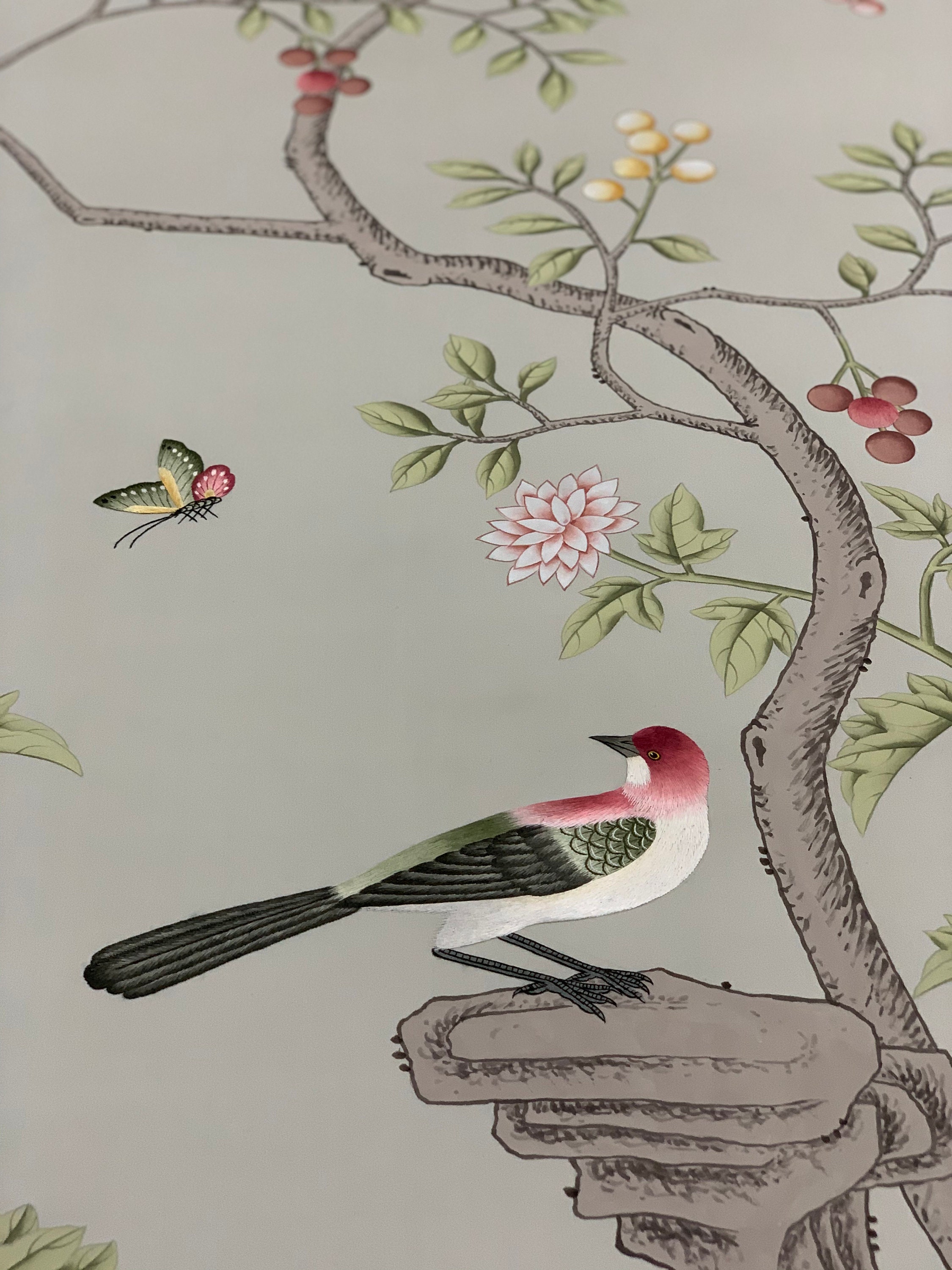 G-006 Birds Twittering in Serenity on Light Grey Silk With Partial Hand ...