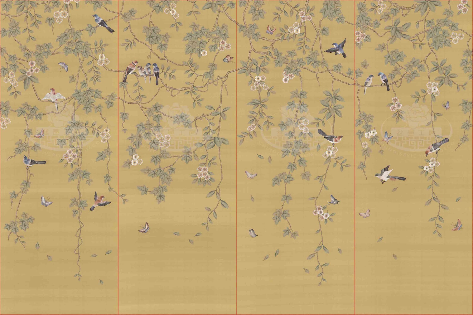 SAMPLE in STOCK for G-016 Birds and Vines on Gold Slub Silk CS-1 - Etsy