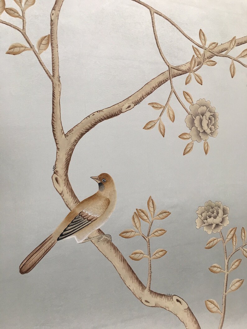 G-003 Birds Awakening Garden Chinoiserie Handpainted Wallpaper on ...