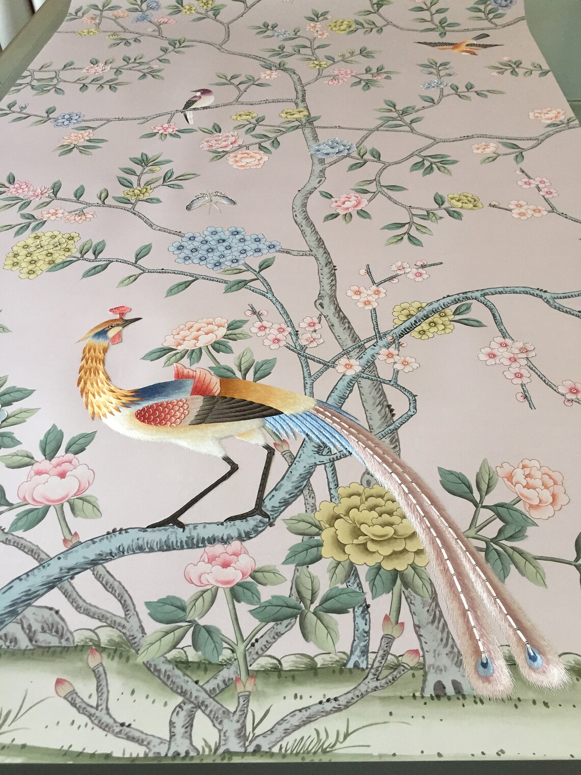 Hand Embroidered Silk Wallpaper & Artwork on Light Purple | Etsy