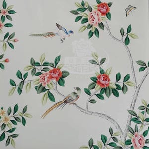 G-031 Lingering Garden Chinoiserie Handpainted Wallpaper on Ivory Paper ...