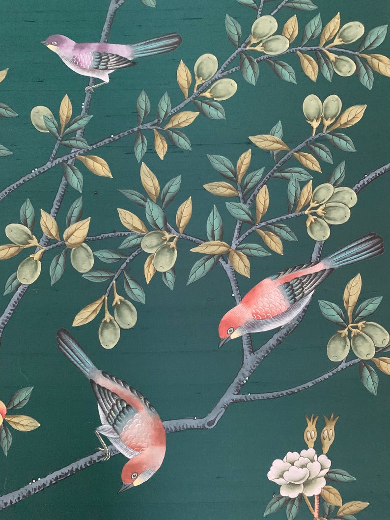 70cm X 120cm Chinoiserie Handpainted Artwork on Deep Green Slub Silk DP ...