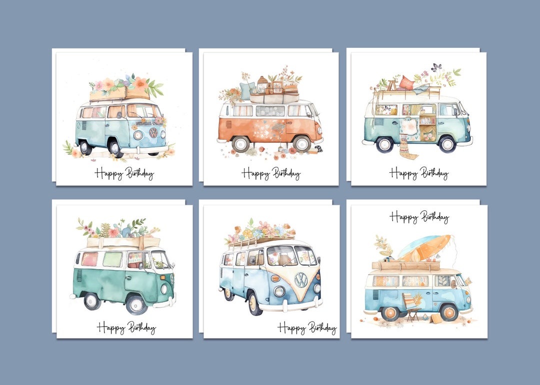 Pack of Six Beautiful Campervan Birthday Cards, Unique Handmade ...