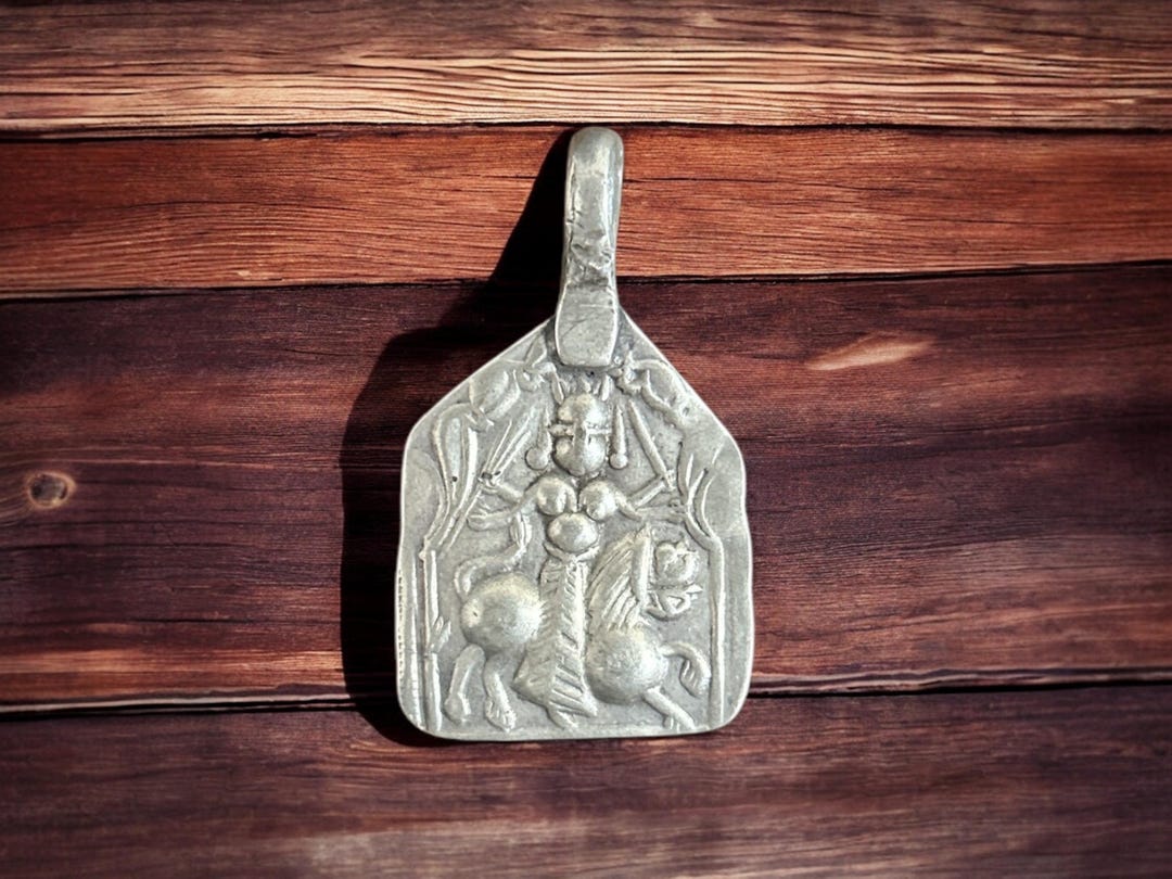 Vintage 1960s Old Silver Maa Durga Riding Lion Pendant, Tribal Goddess ...