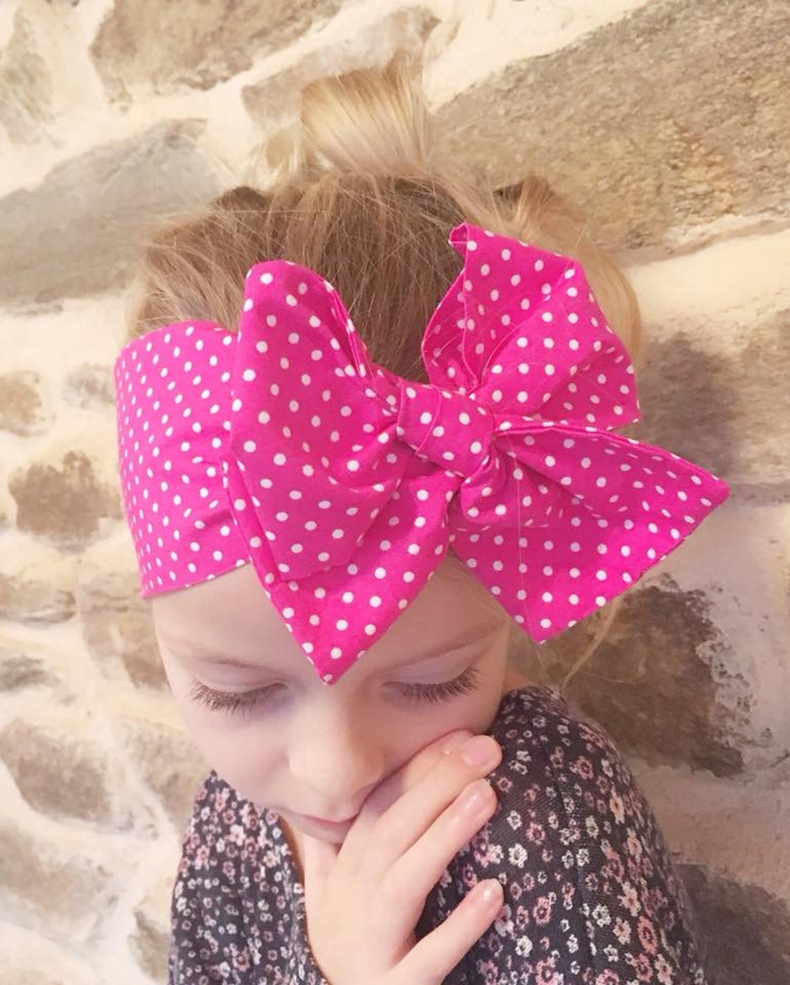 Bright pink headwrap polka dot big bow headband one size | Etsy