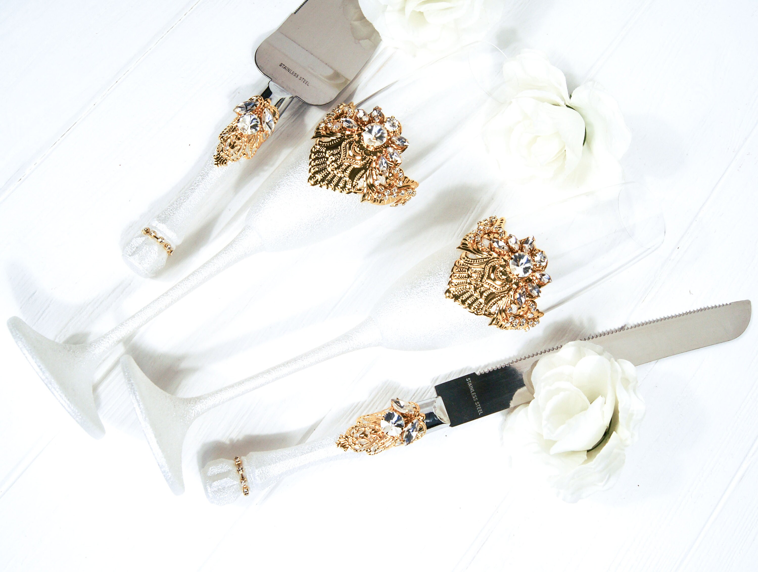 White and gold wedding flutes and cake server sets | Etsy