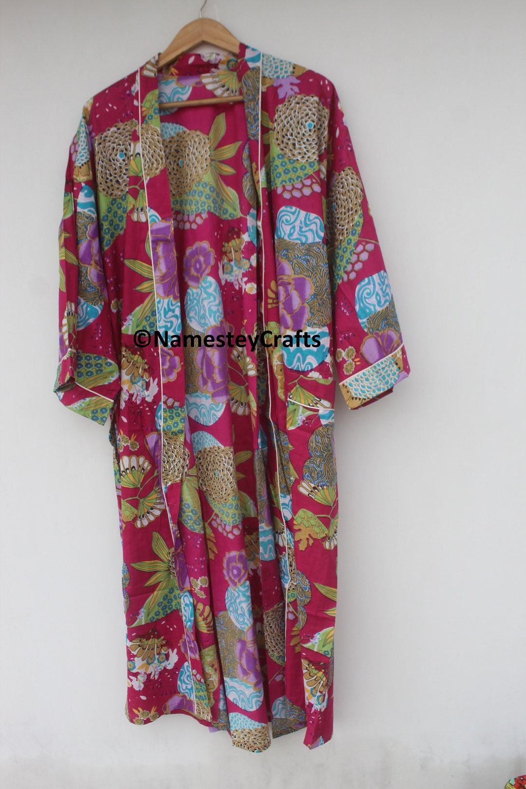 Red Cotton Kimono Robes for Woman Indian Dressing Gown Unisex Block ...