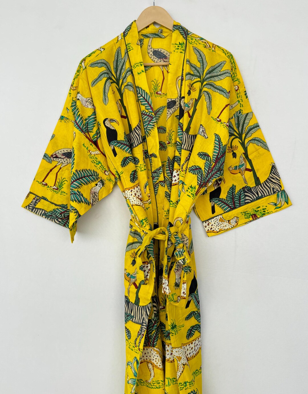 Trending Jungle Forest Print Kimono, Tiger Robe, Robes, Cotton Kimono ...