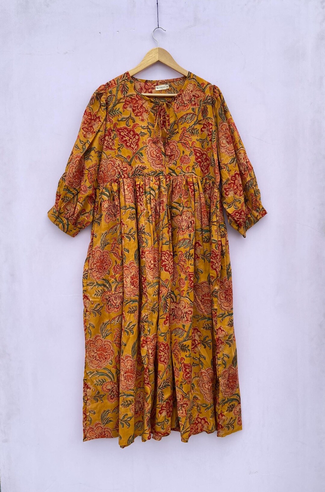 Floral Hand Block Print Kyra Midi Dress | Bohemian Cotton Dress Dresses ...