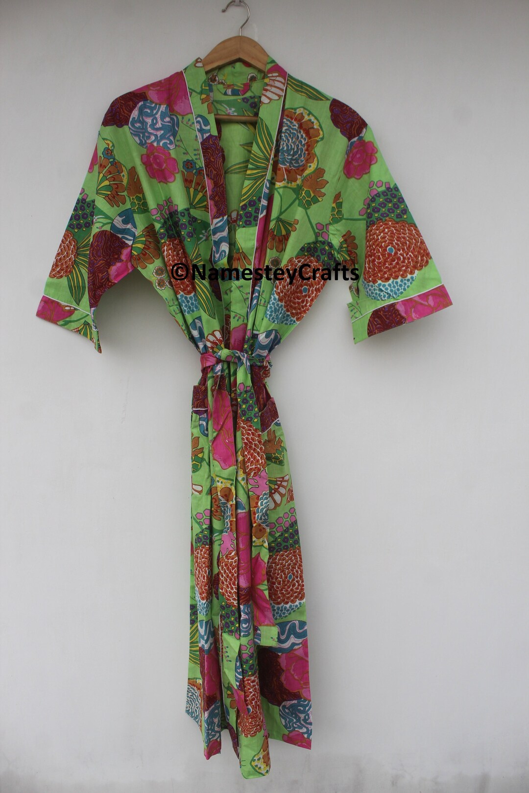 Cotton Kimono Robes for Women Indian Dressing Gown Unisex Green Fruit ...