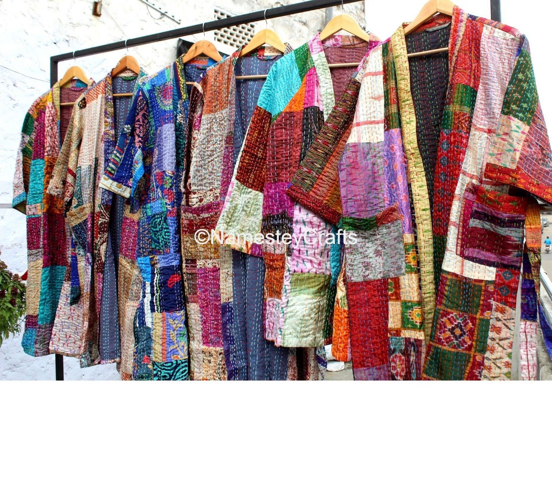 Buy Vintage Silk Sari Kantha Kimono Robes Lover Recycled Dressing Gowns ...