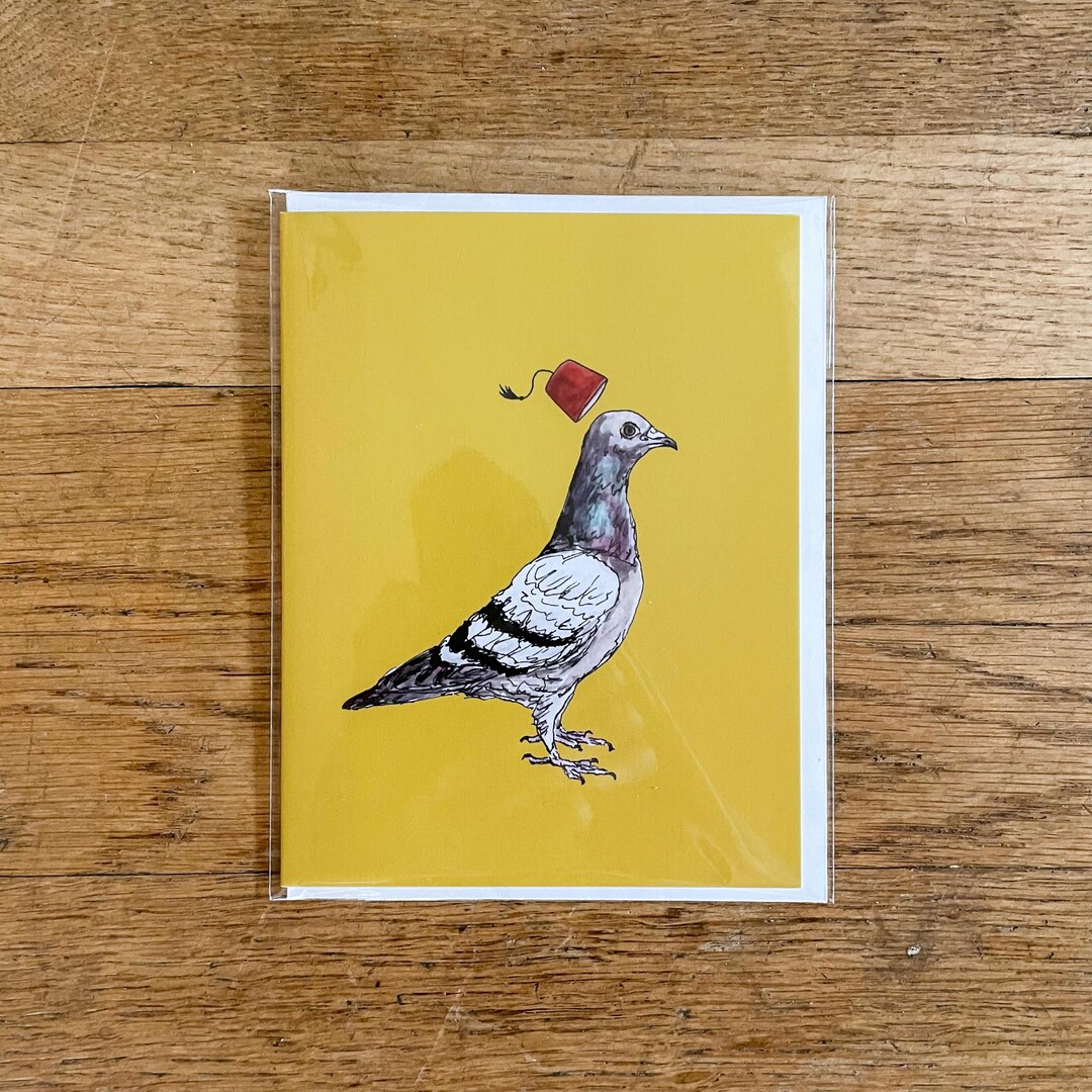 Unflappable Pigeon Card, Fez Bird Art Stationery - Etsy