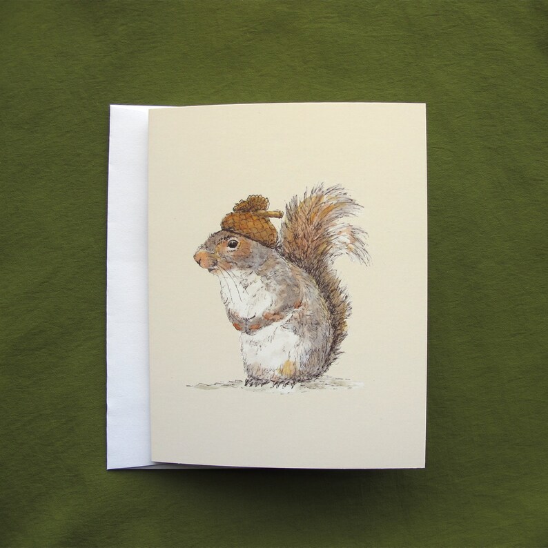 Acorn Hat Squirrel Card squirrel art stationery | Etsy