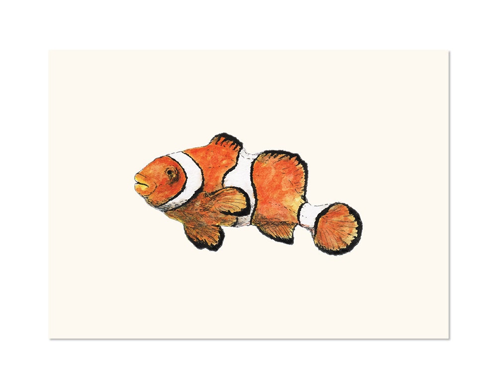 Clownfish, Fish Art Print 5x7 Animal Watercolor Illustration, Home Wall ...