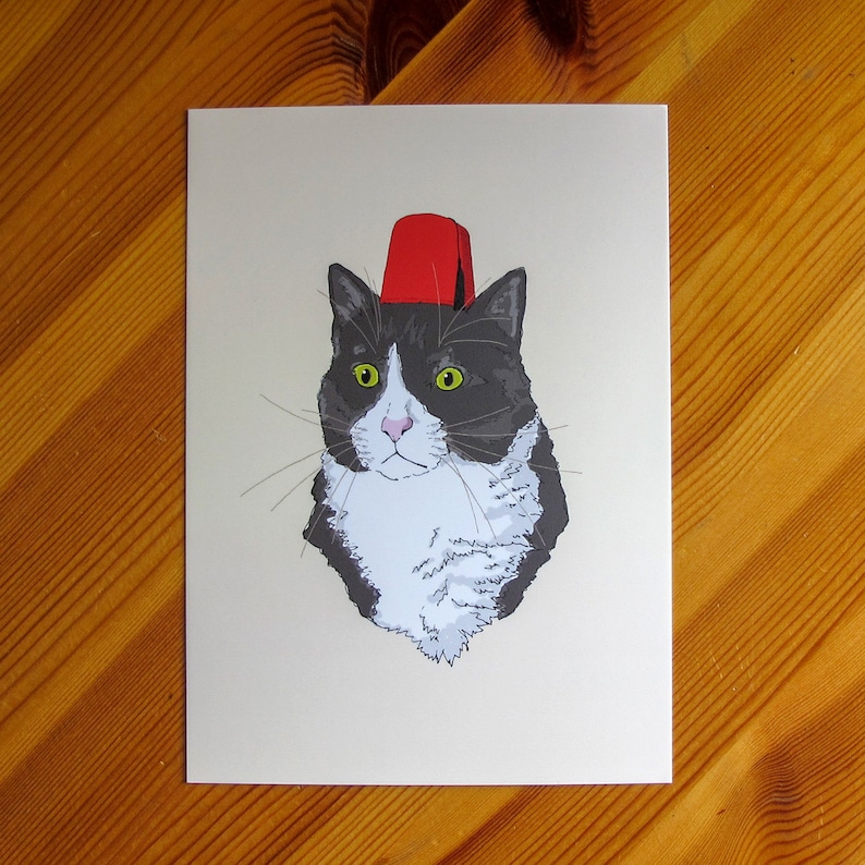Fez Hat Cat, Art Print 5x7 Animal Illustration, Home Wall Decor - Etsy