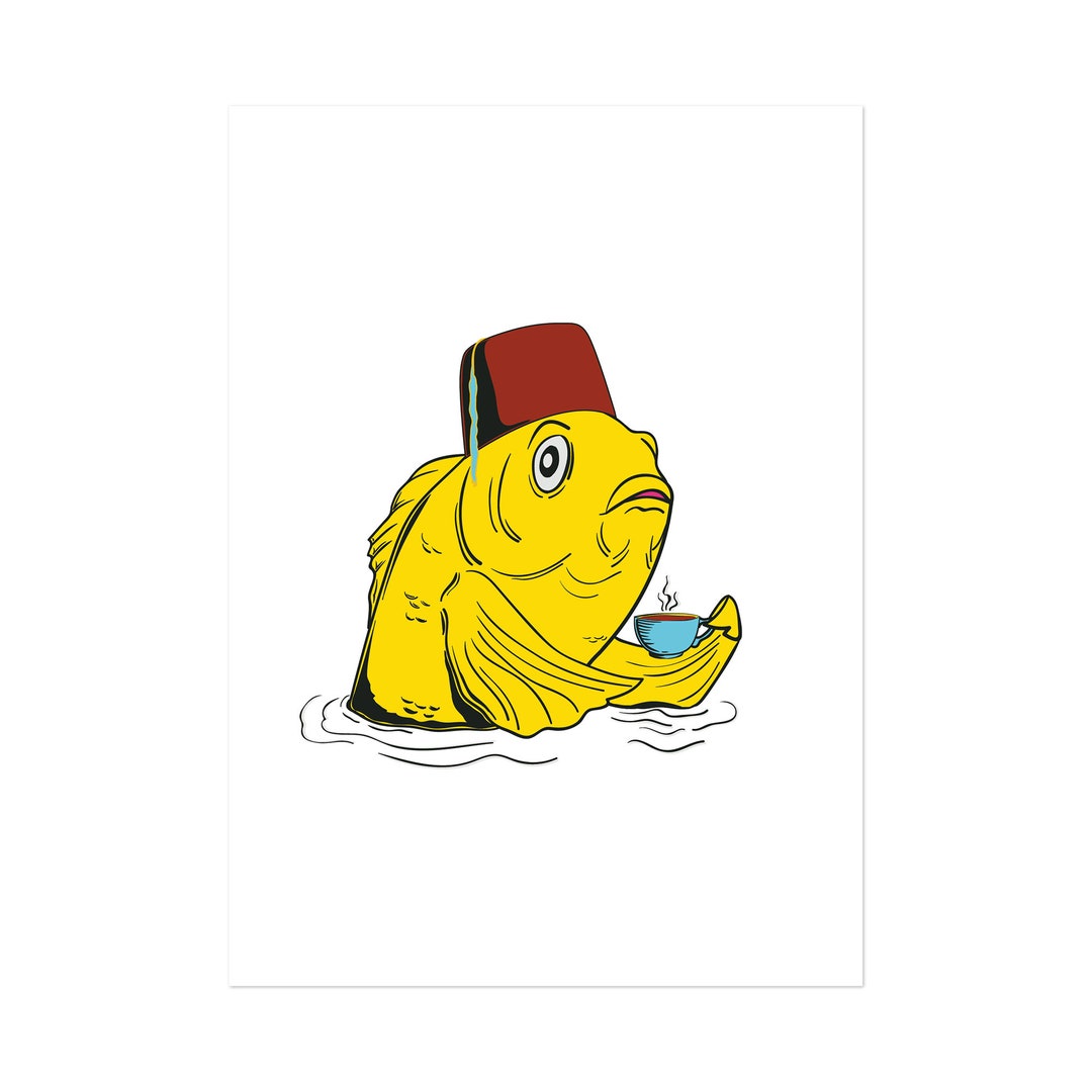 Fez Fish, Bright White, Art Print 5x7 Animal Illustration, Home Wall ...