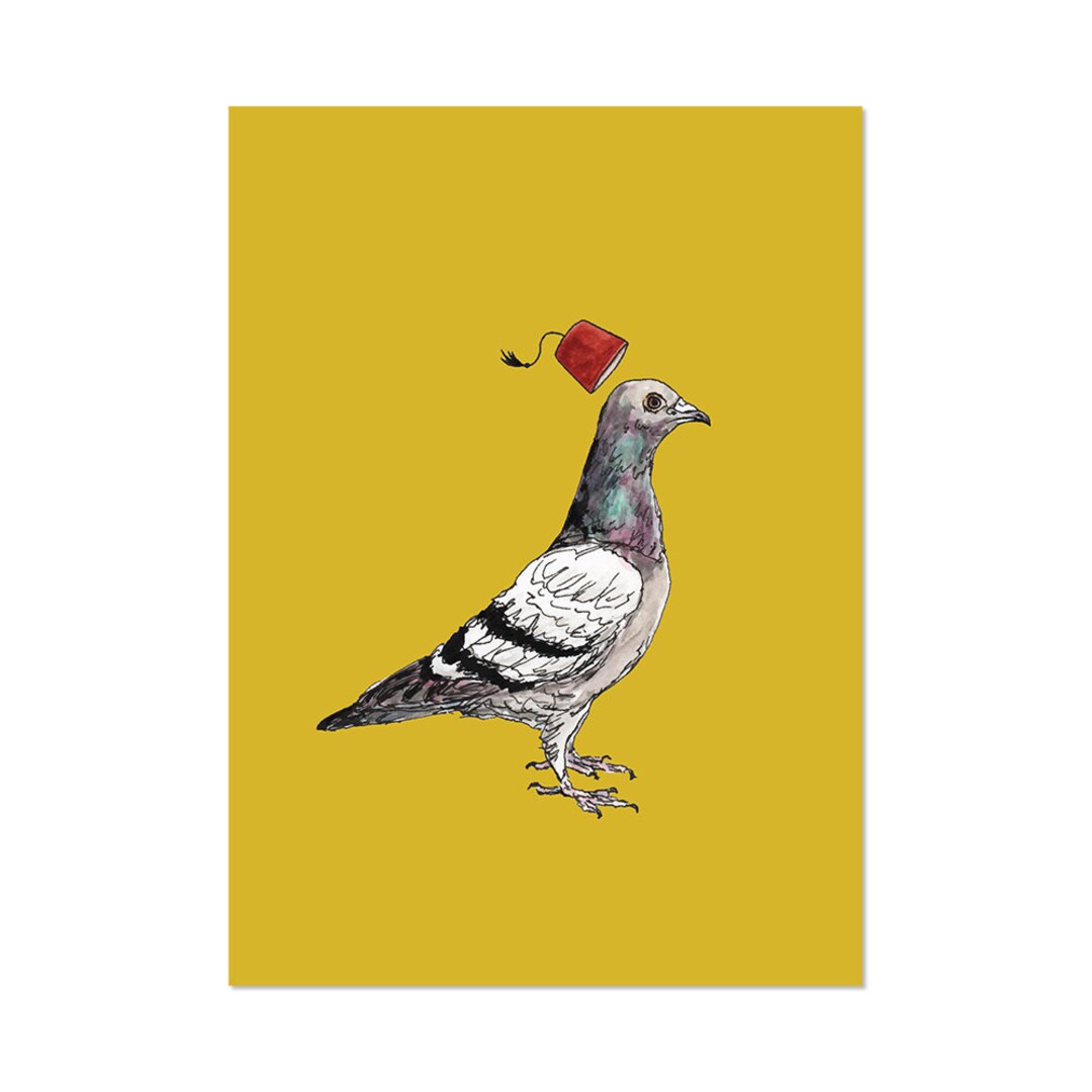 Unflappable Pigeon, Fez Bird Art Print 5x7 Animal Watercolor ...