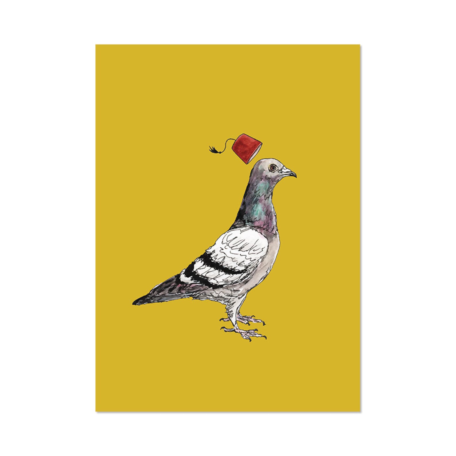 Unflappable Pigeon Fez Bird Art Print 5x7 Animal Watercolor - Etsy