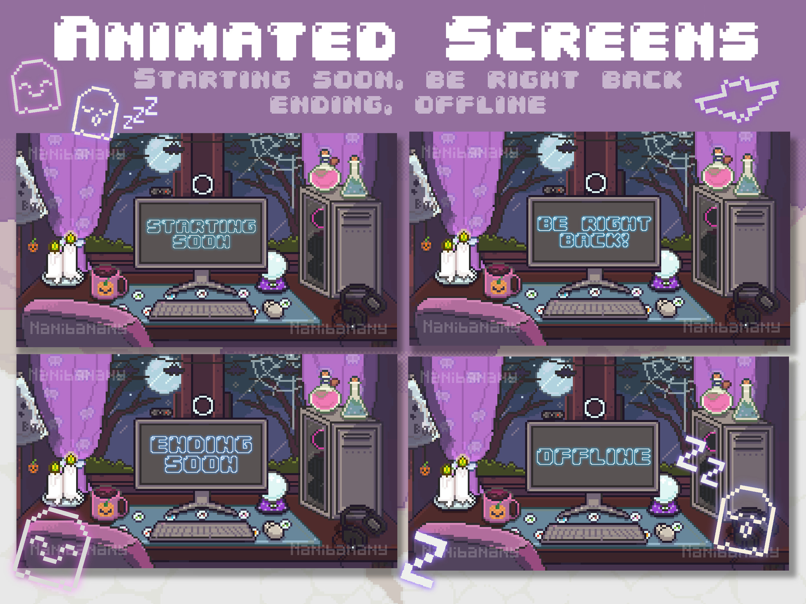 4x Pixel Animated Scenes Screens Pink Halloween Neon Blue Lights Setup ...