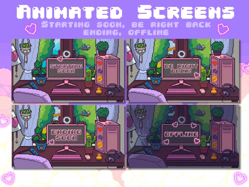 4 X Cute Pixel Animated Scenes Screens Neon Pink Lights Setup Cozy ...