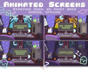 4 X Cute Pixel Animated Scenes Screens Neon Pink Lights Setup Cozy ...