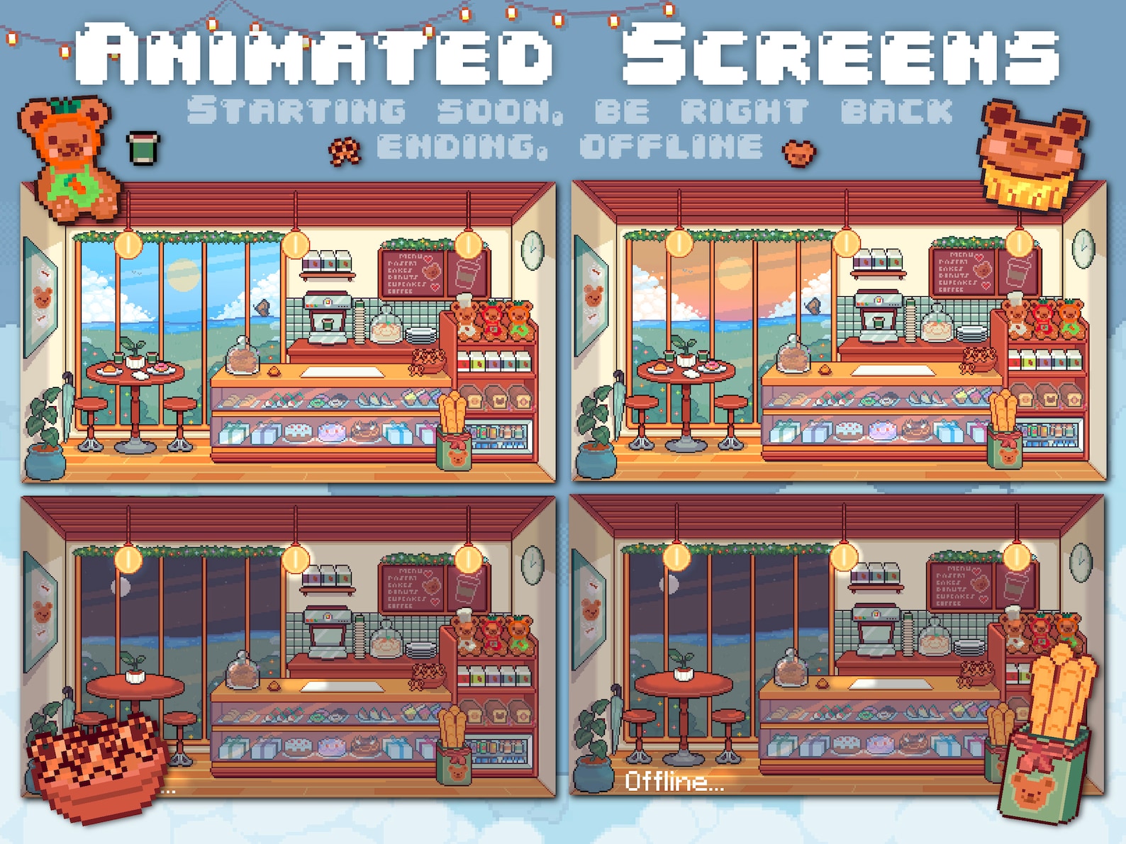 Cozy Animated Pixel Bear Bakery Coffee Setup Stream Overlay Package ...
