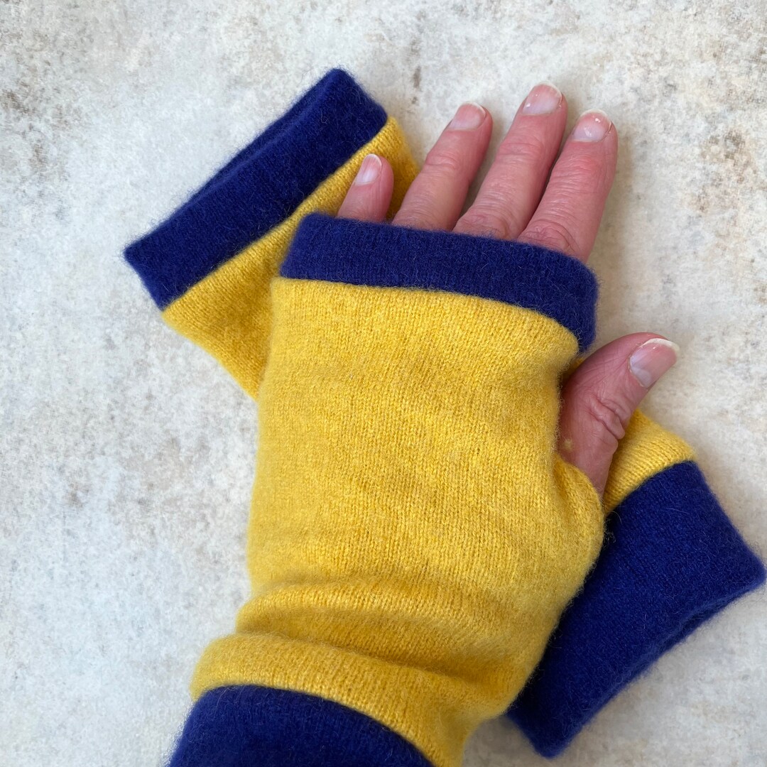 Cashmere Fingerless Gloves - From Recycled Sweaters - Gold With Navy ...