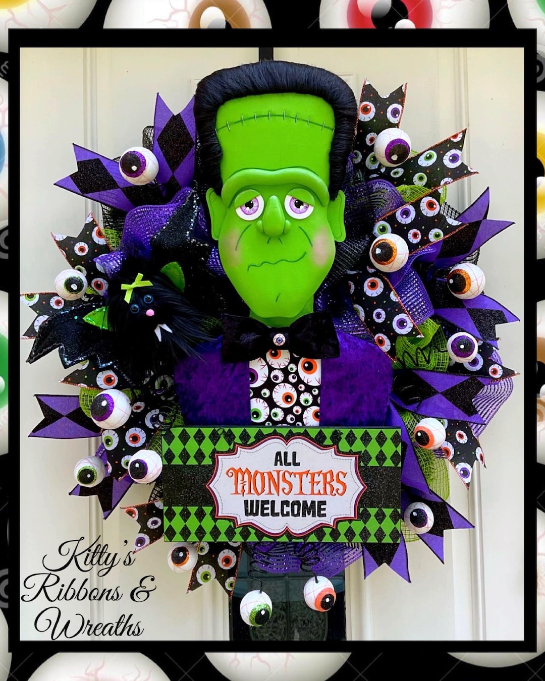 Frankenstein Halloween Door Wreath, All Monsters Welcome Halloween ...