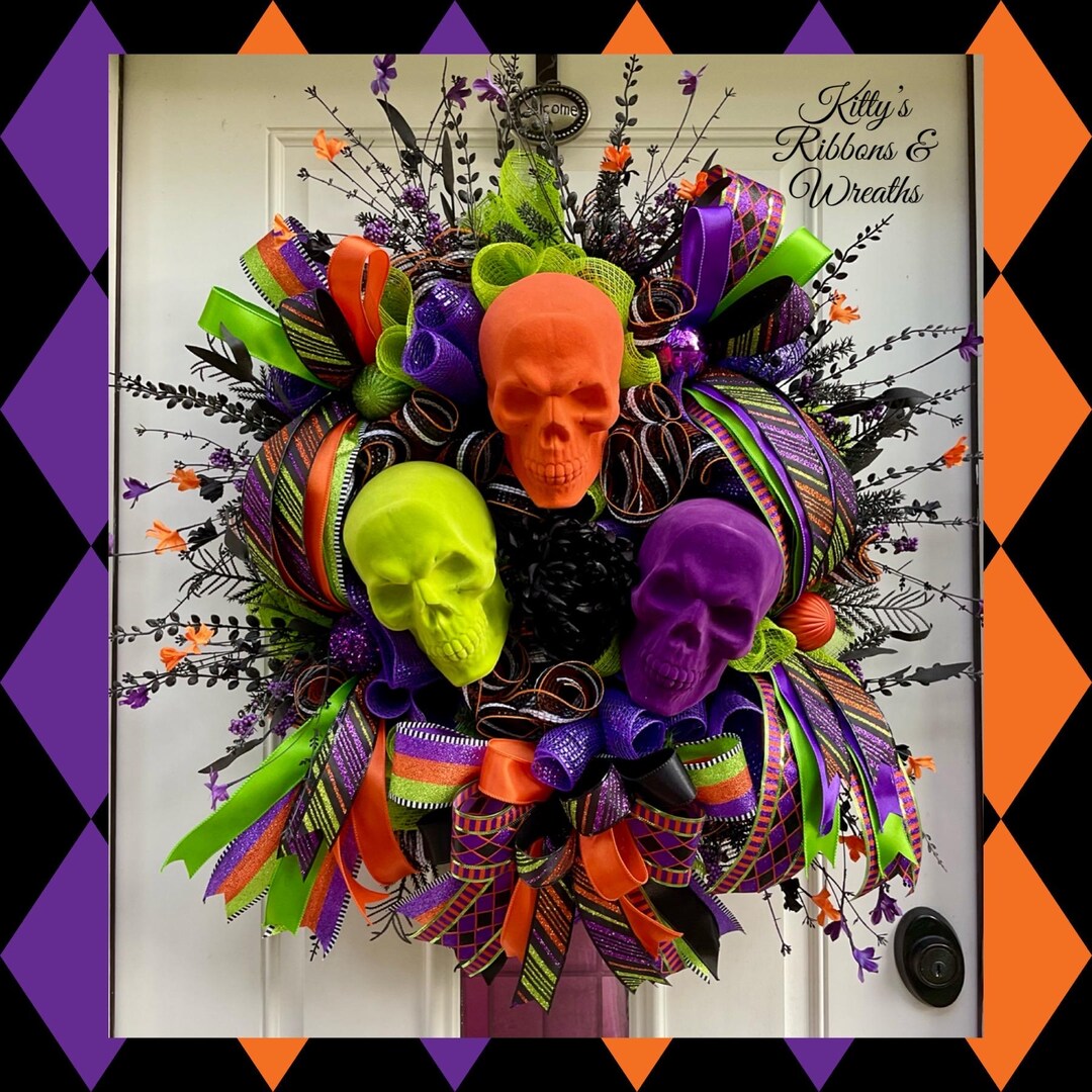 Neon Skulls Halloween Door Wreath, Bright Skeleton Halloween Wreath ...