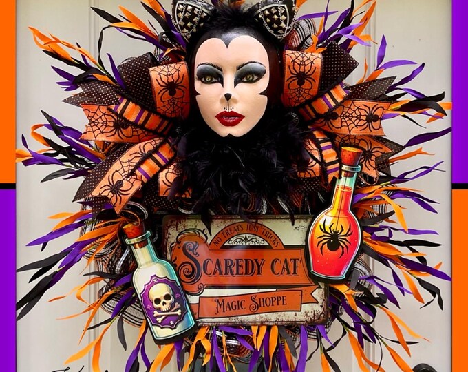 Scaredy Cat Halloween Door Wreath, Magic Shop Halloween Decor ...