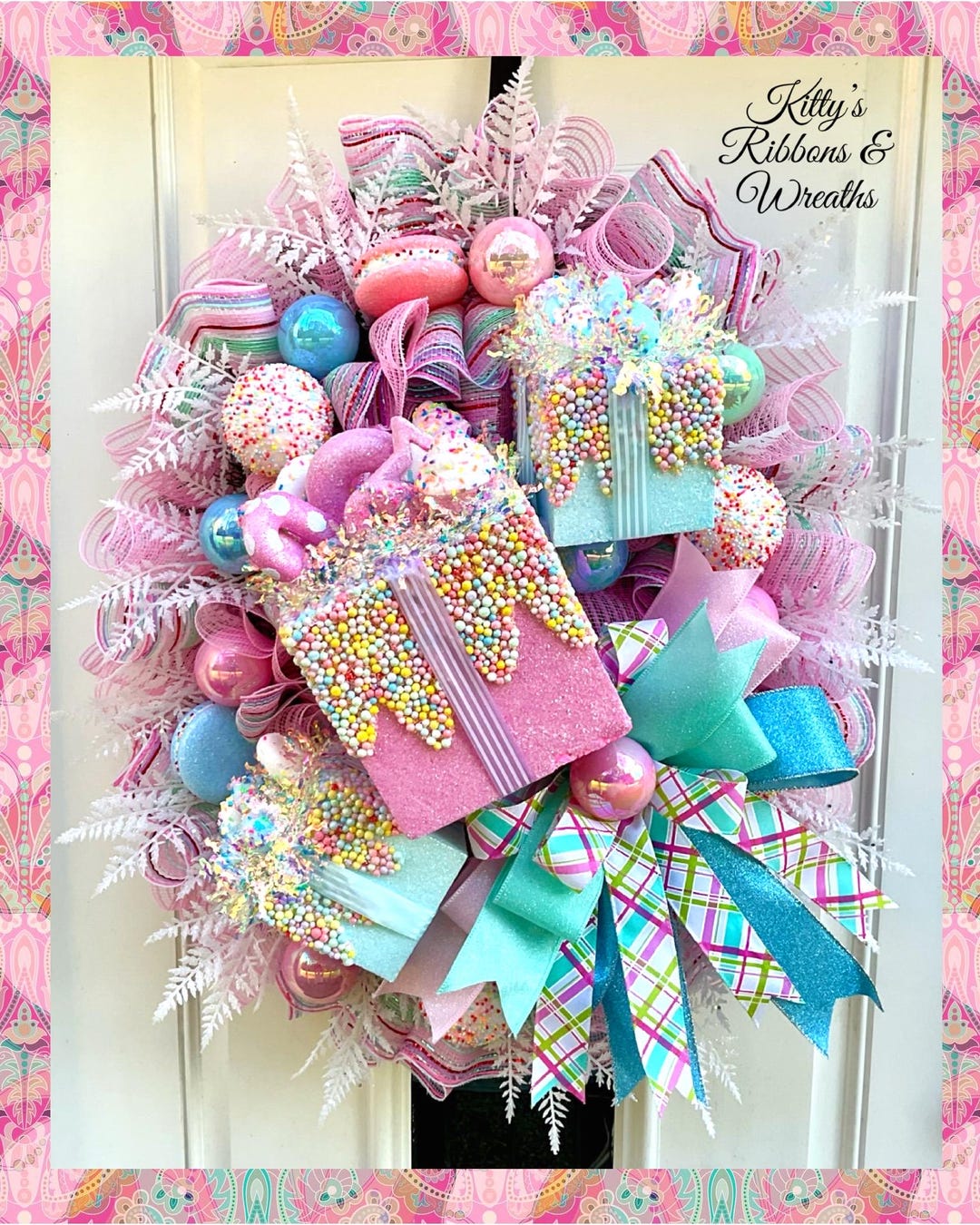 Christmas Wreath in Pastels, Christmas Front Door Wreath, Whimsical ...