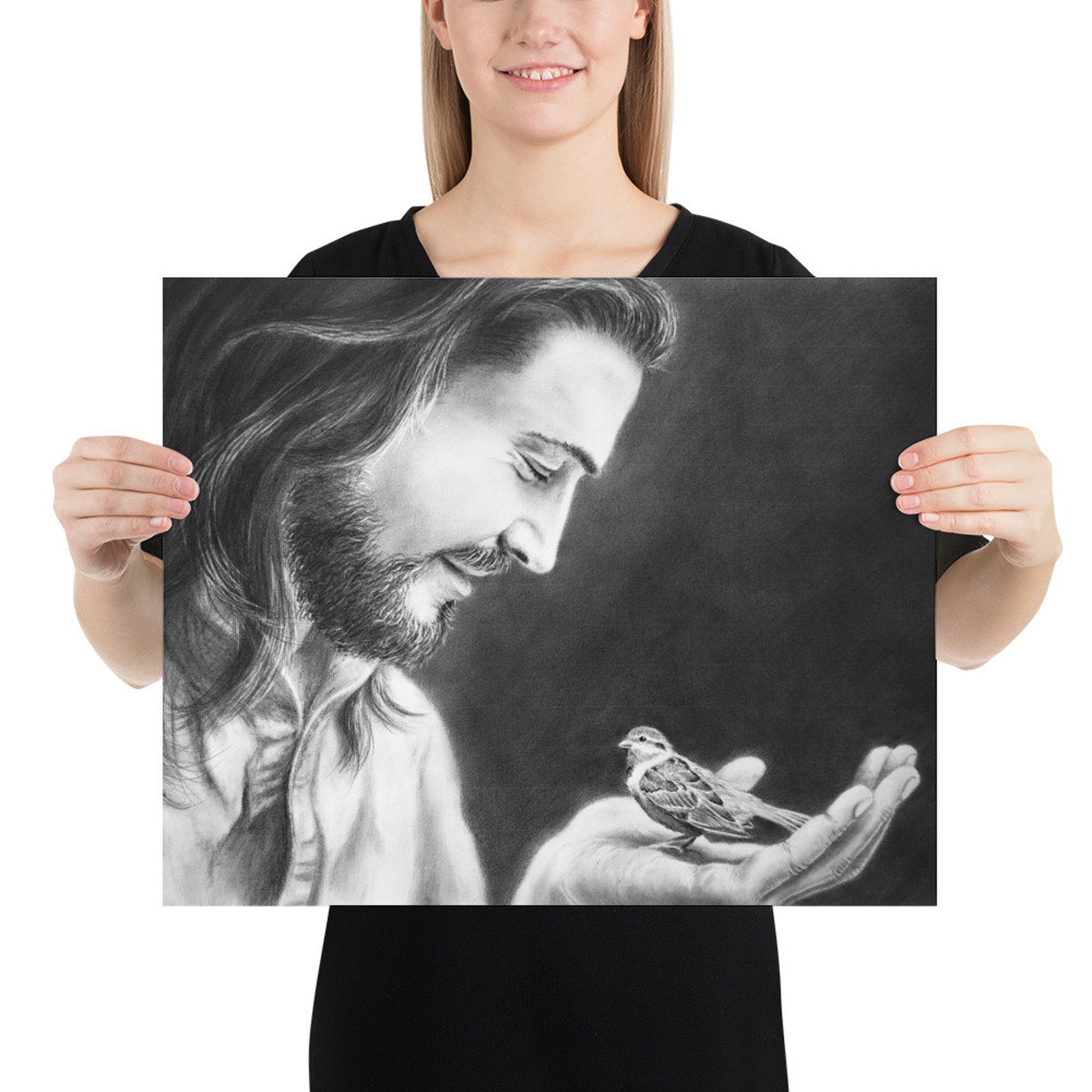 Jesus and the Sparrow Drawing Poster, Jesus Portrait Print, Christ ...