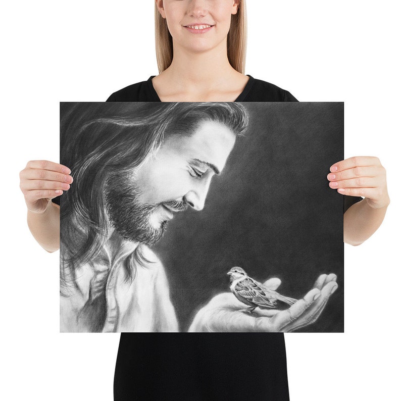 Jesus and the Sparrow Drawing Poster, Jesus Portrait Print, Christ ...