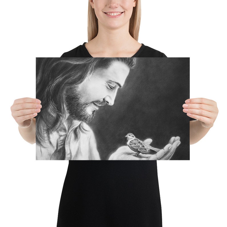 Jesus and the Sparrow Drawing Poster, Jesus Portrait Print, Christ ...