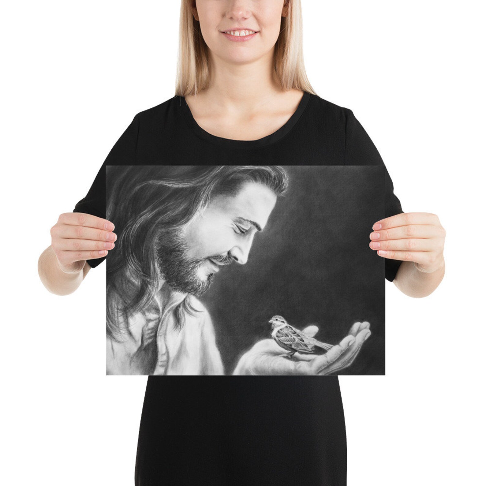 Jesus and the Sparrow Drawing Poster, Jesus Portrait Print, Christ ...