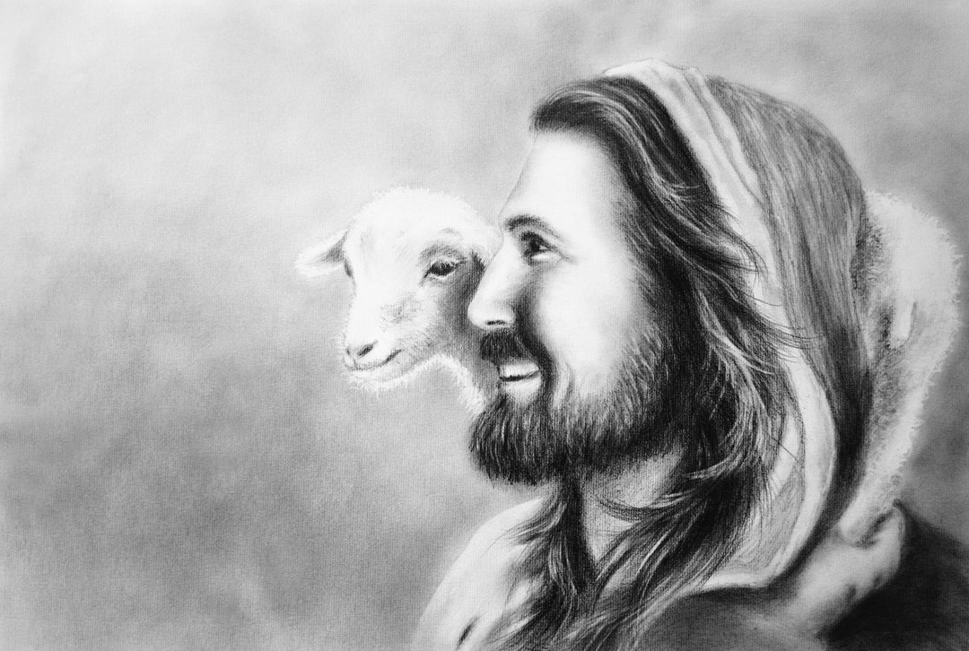 The Good Shepherd Drawing Poster, Jesus Christ Painting, Jesus Holding ...