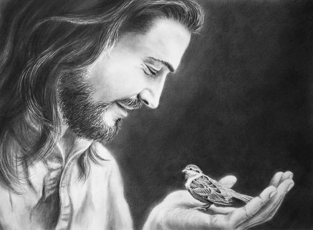 Jesus and the Sparrow Drawing Poster, Jesus Portrait Print, Christ ...