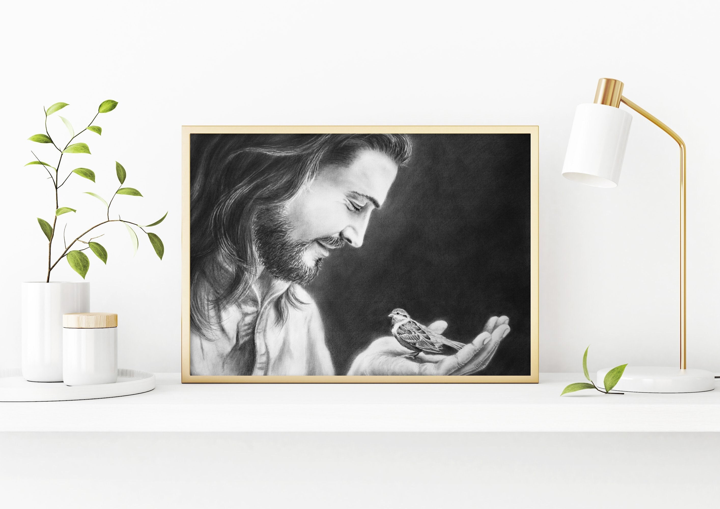 Jesus and the Sparrow Drawing Poster, Jesus Portrait Print, Christ ...