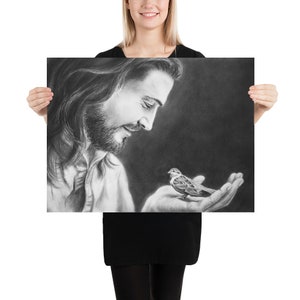 Jesus and the Sparrow Drawing Poster, Jesus Portrait Print, Christ ...