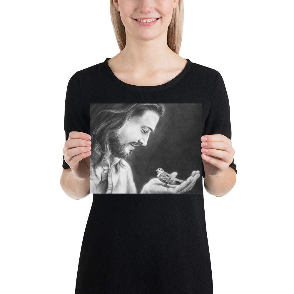 Jesus and the Sparrow Drawing Poster, Jesus Portrait Print, Christ ...