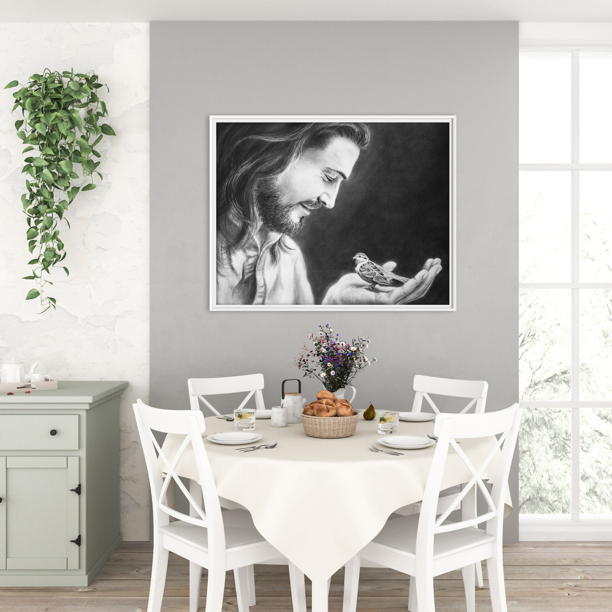 Jesus and the Sparrow Drawing Poster, Jesus Portrait Print, Christ ...