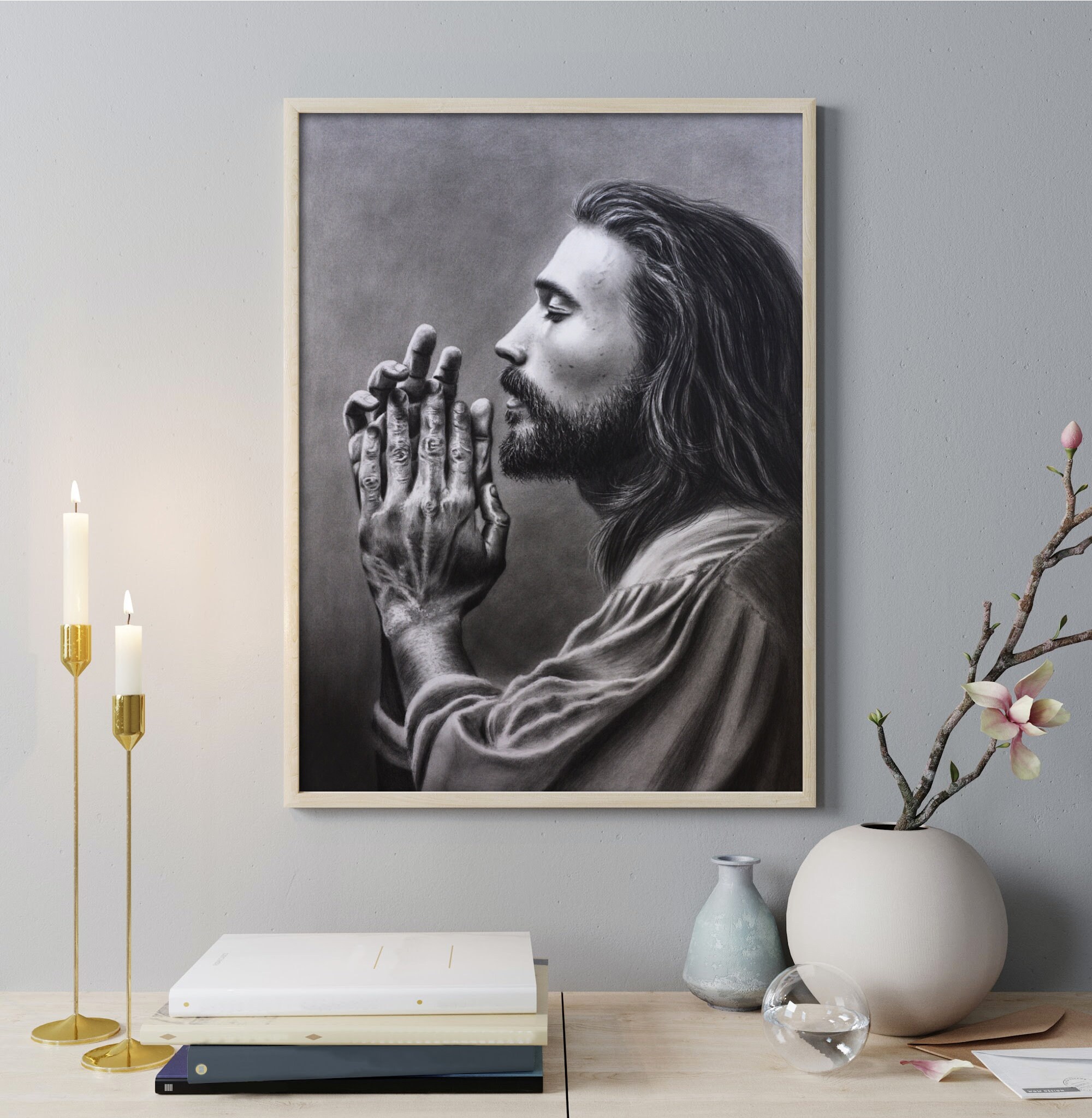 Praying Jesus Christ Drawing Poster, Jesus Wall Art, Christ Painting ...