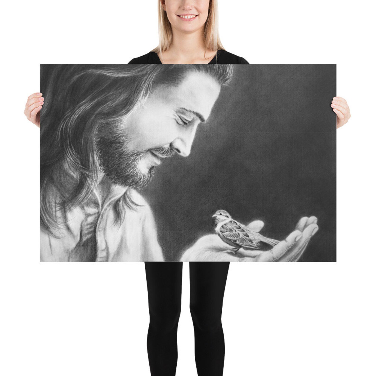Jesus and the Sparrow Drawing Poster, Jesus Portrait Print, Christ ...