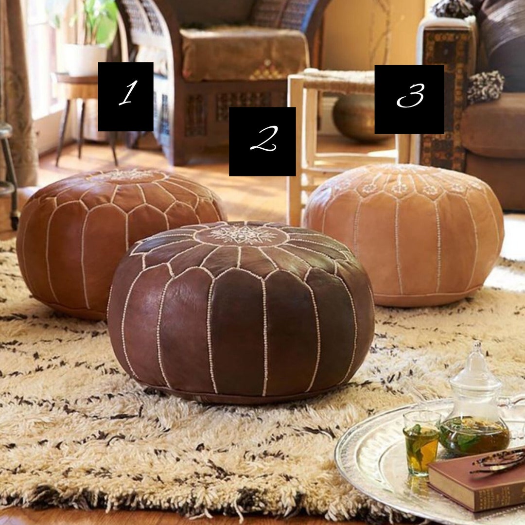 Pouf Ottoman Tan Color Round 100% Genuine Leather Pouf Tan,bedroom ...