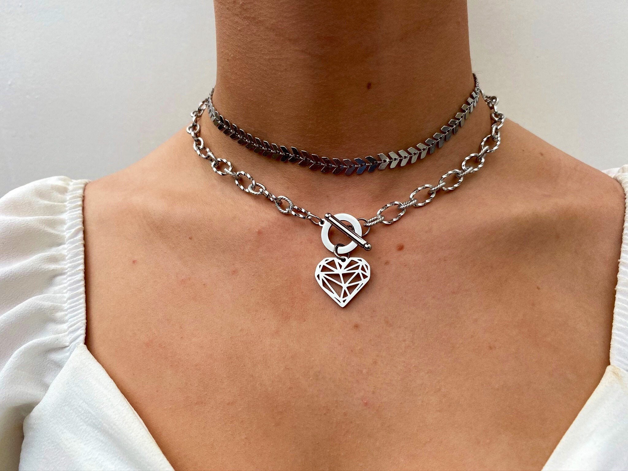 Choker Heart Necklace Chunky Chain Heart Charm Necklace | Etsy