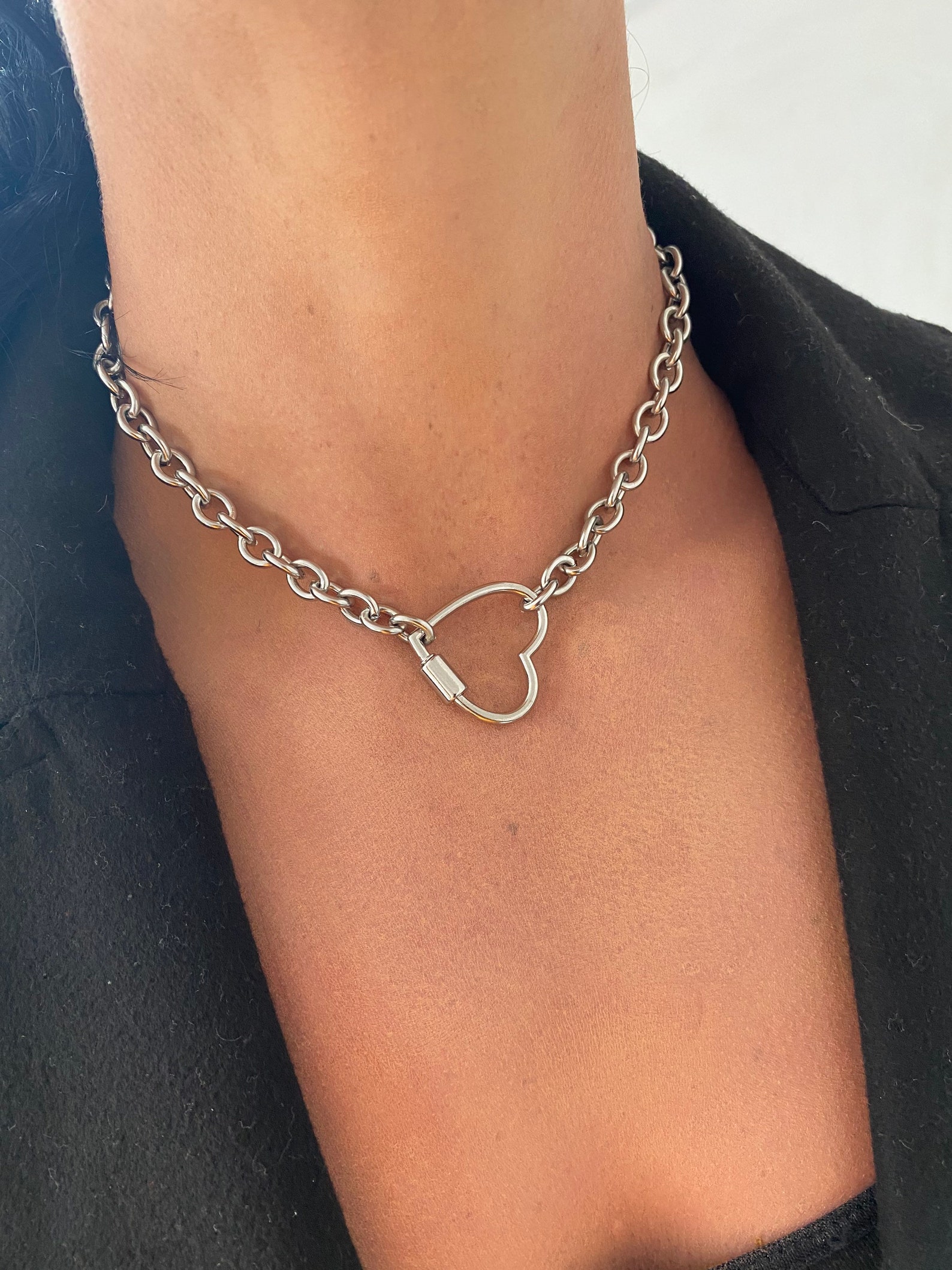 Silver Heart Chain Necklace Carabiner Heart Necklace Rock - Etsy