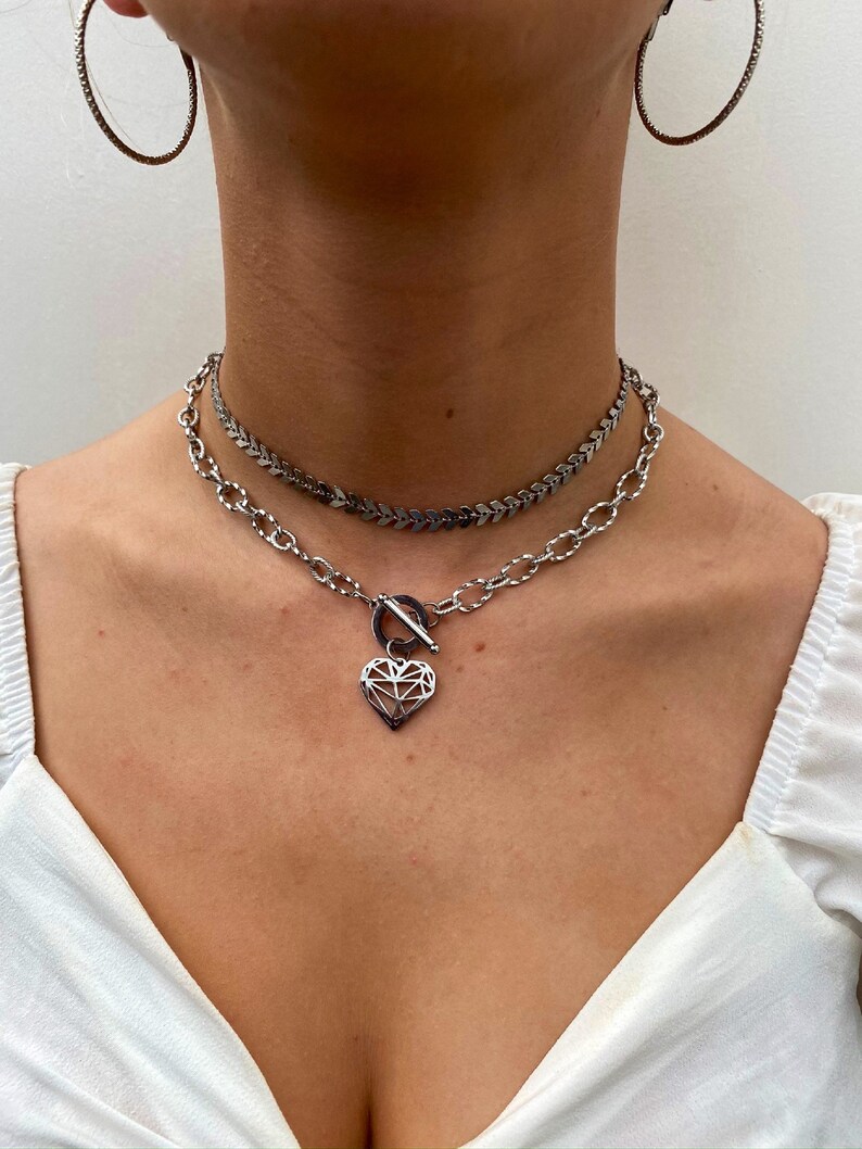 Choker Heart Necklace Chunky Chain Heart Charm Necklace - Etsy