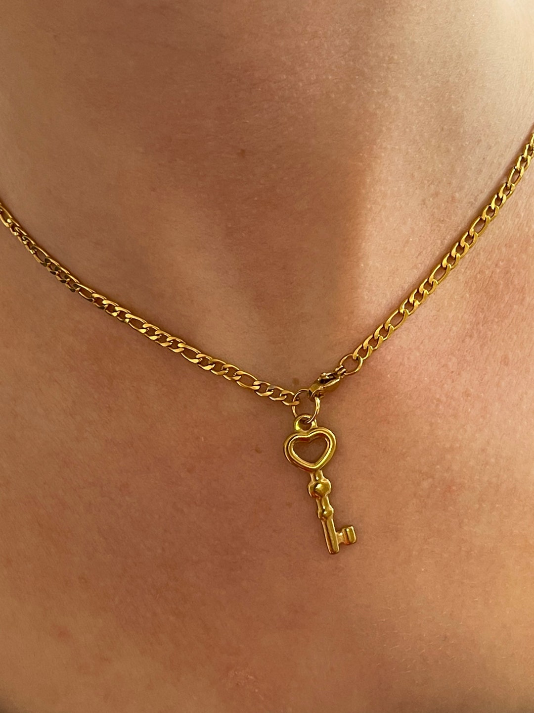 Silver Steel Figaro Key Chain Necklace, Choker Necklace, Gold Key ...