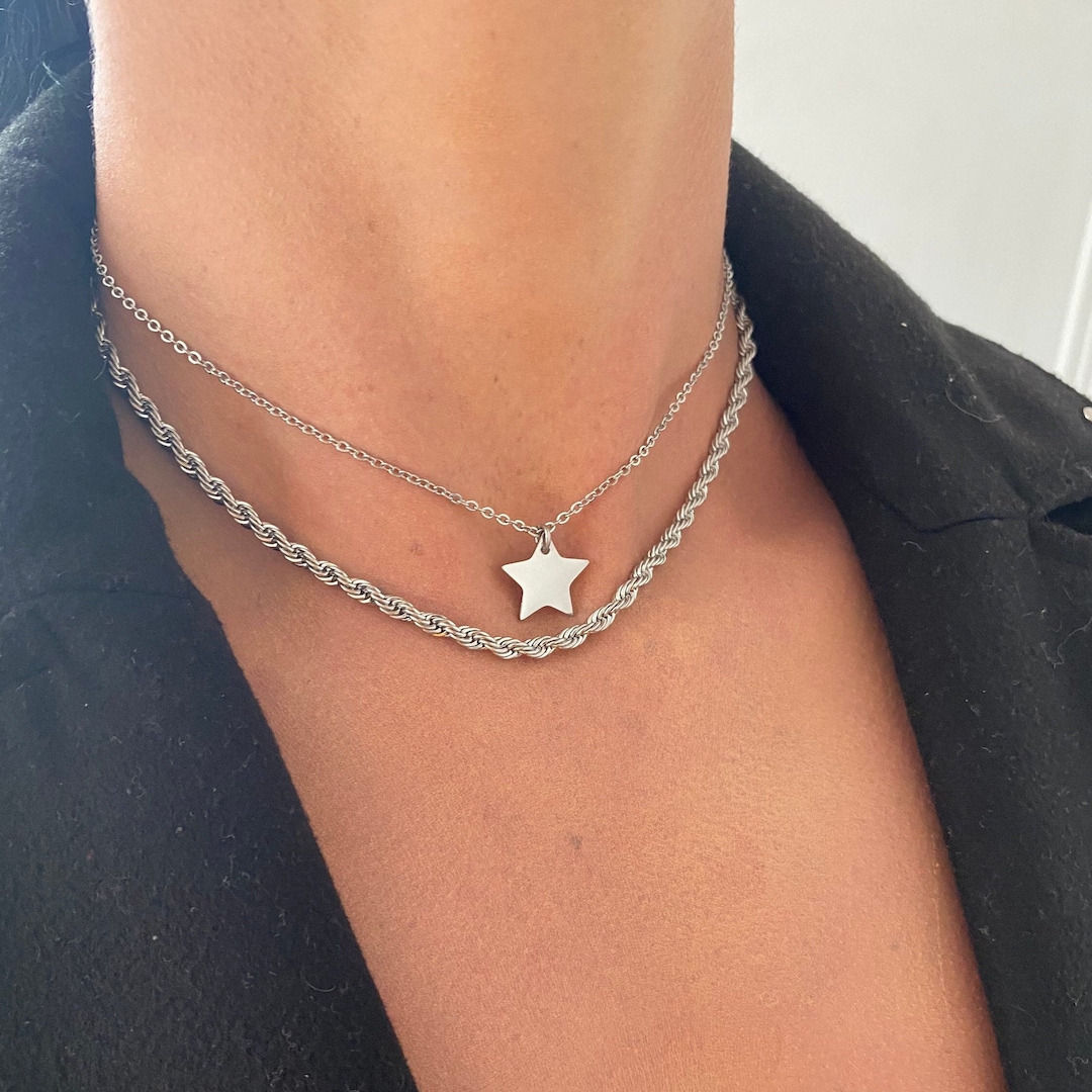 Silver Star Pendant Necklace, Gold Twist Rope Chain Necklace, Star ...